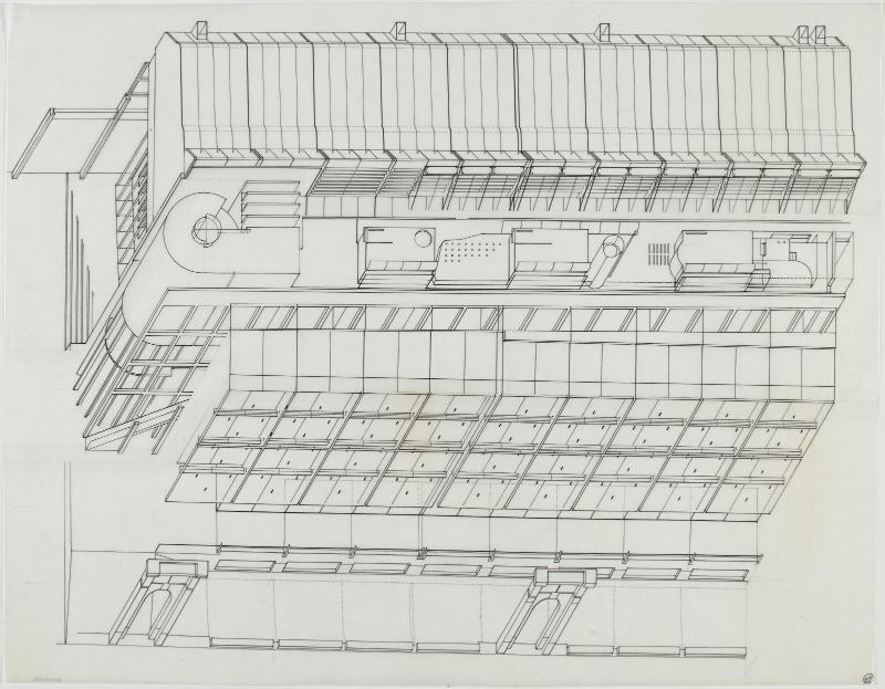 Axonométrie vu de haut prise côté façade sud - Centre Pompidou